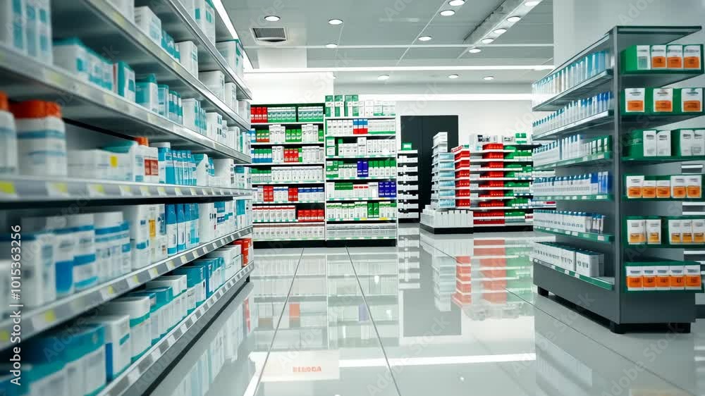 A pharmacy aisle with rows of products on shelves Stock Video | Adobe Stock