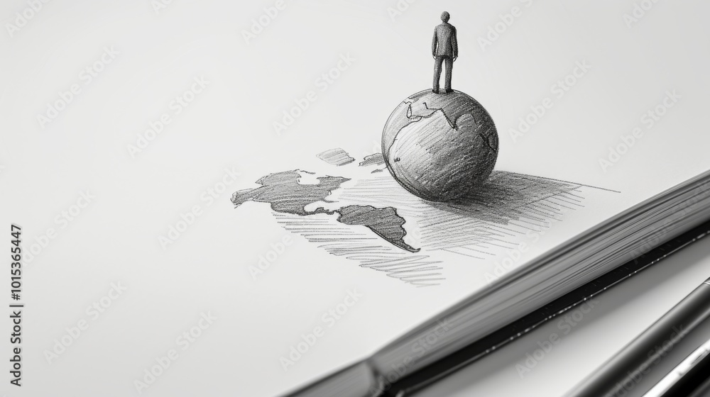 A pencil-style drawing of a man standing on a globe, casting a shadow ...