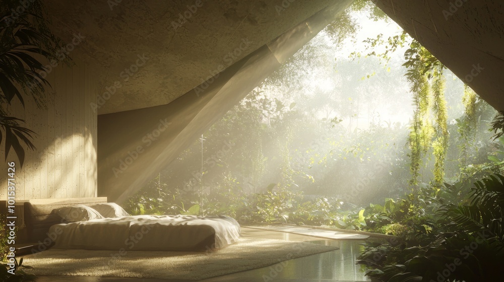 Serene Fengshui Bedroom: Ray Tracing Concept with Nature View, Cozy ...