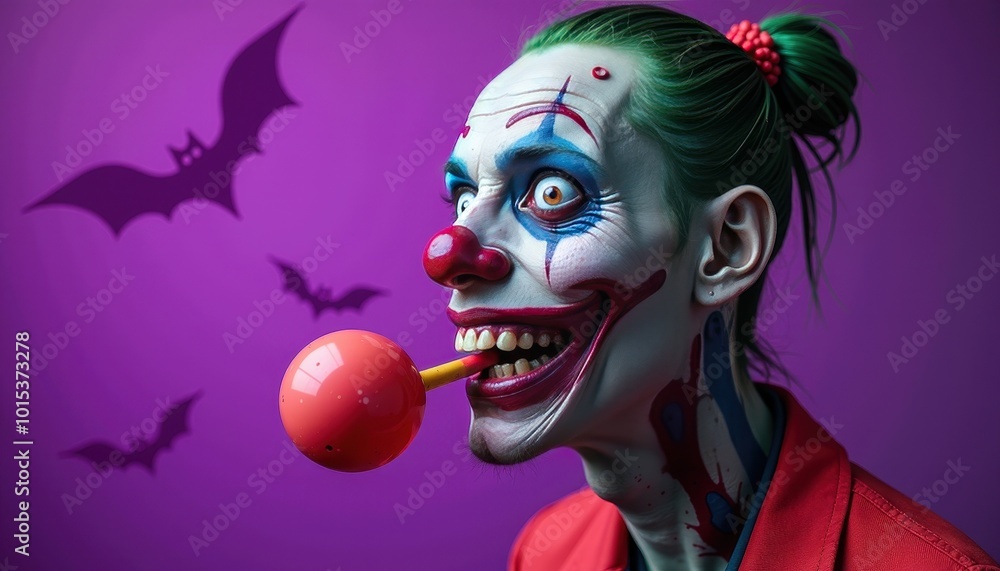 Goofy zombie with party blower and clown makeup on purple background ...