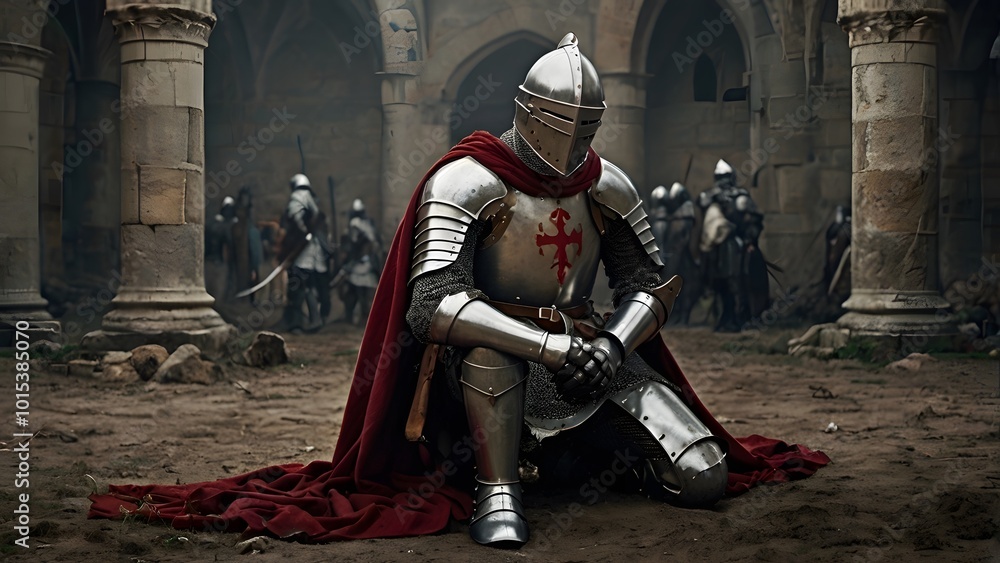 Knight in Full Armor Kneeling in Prayer Amidst a Battlefield ,Symbol of ...