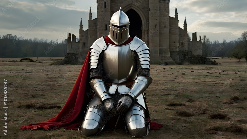 Knight in Full Armor Kneeling in Prayer Amidst a Battlefield ,Symbol of ...