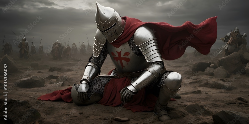 Knight in Full Armor Kneeling in Prayer Amidst a Battlefield ,Symbol of ...