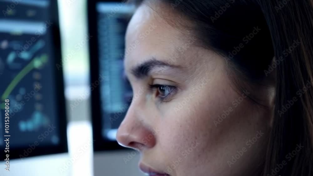 Close-up of person using dual monitors for data comparison or Person ...