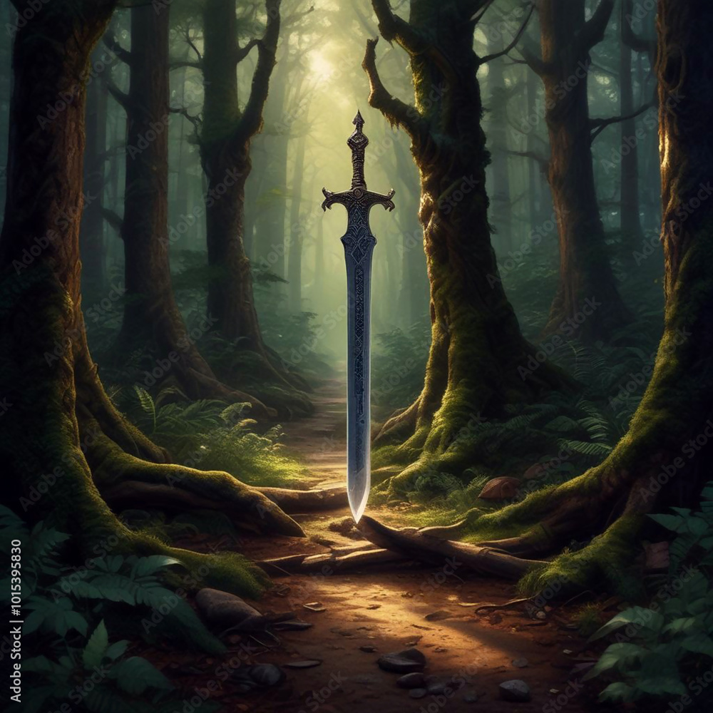 Realistic illustration of ancient sword in the middle of path in ...