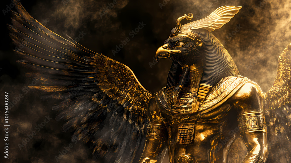 Sun god ra in metal statue. a golden hawk king representing powerful ...