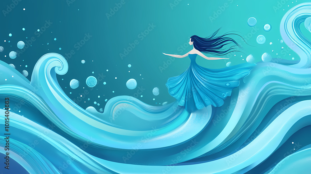 Water sprite dancing in waves flat design top view, mythical creatures ...