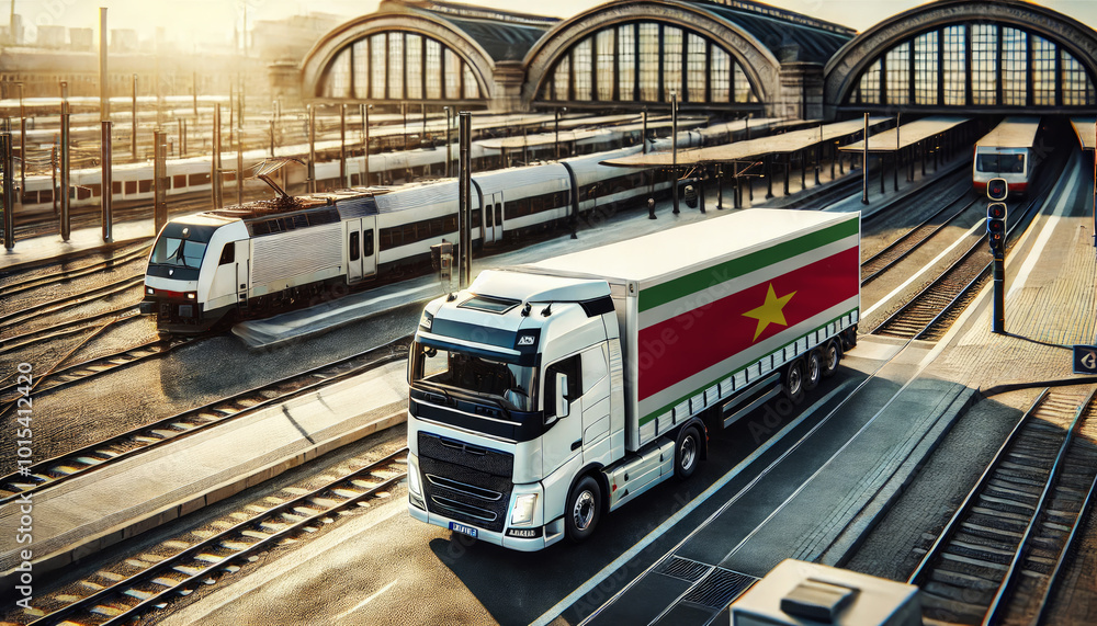 ภาพประกอบสต็อก White semi-truck with an Suriname flag trailer parked at ...