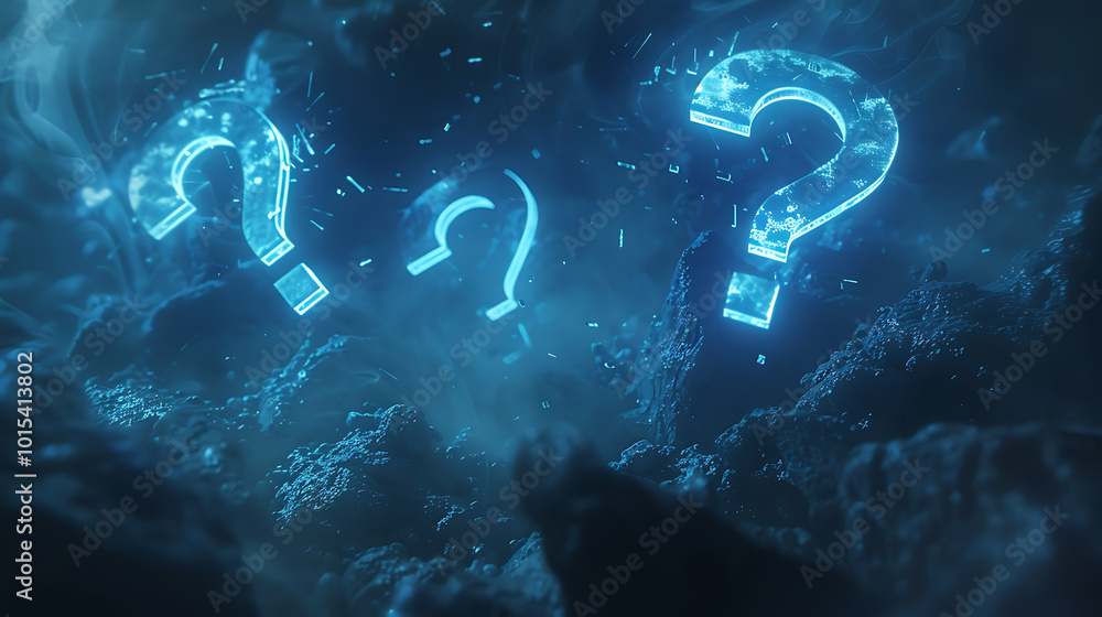 several large question marks floating in a dark, blurry background. The ...