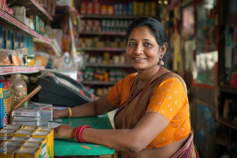 Indian woman in orange saree smiles at camera in grocery shop. She ...