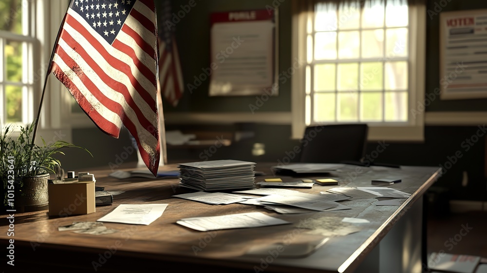 An artistic view of a polling place featuring an American flag, with ...