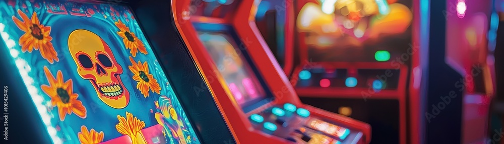 Colorful retro arcade game machines glowing with vibrant lights ...