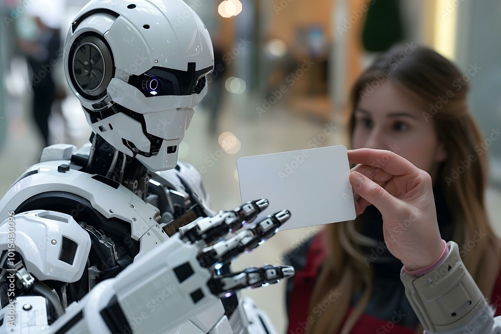 Cropped image of the hands of a humanoid robot handing over a blank ...