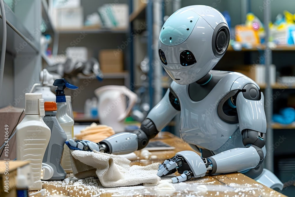 Humanoid Robot Cleaning Desk With Rag In Office, robot, cleaning, ai ...