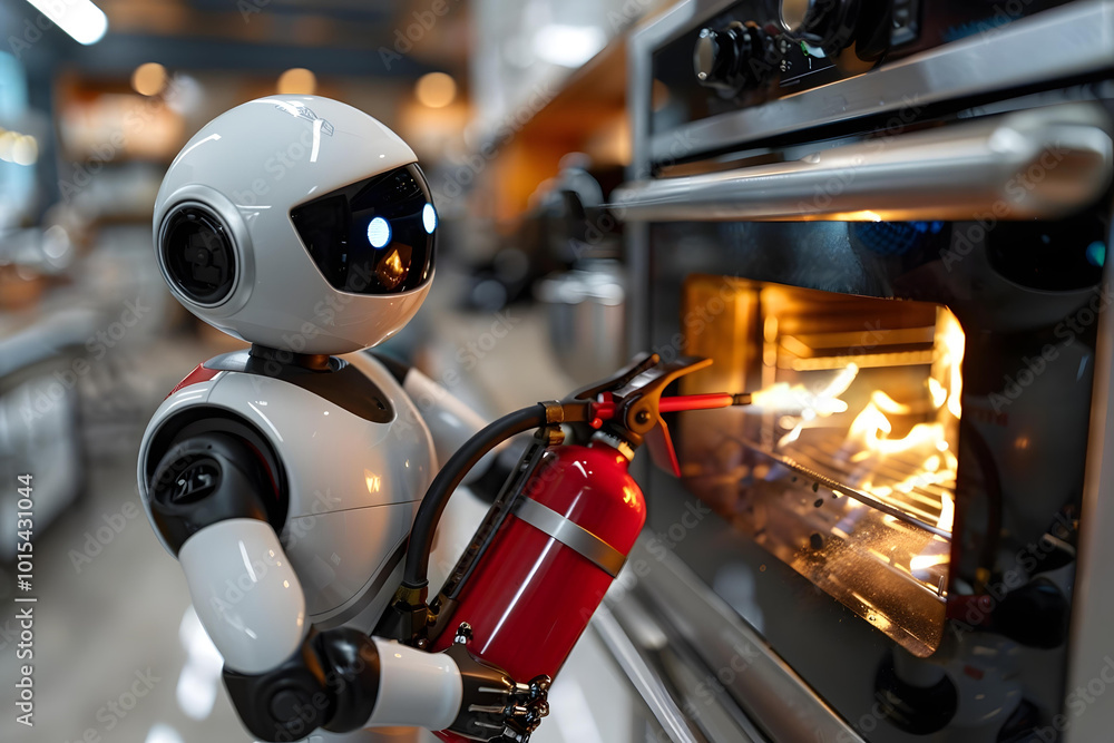 Humanoid Robot Using Red Fire Extinguisher To Stop Fire Coming From ...