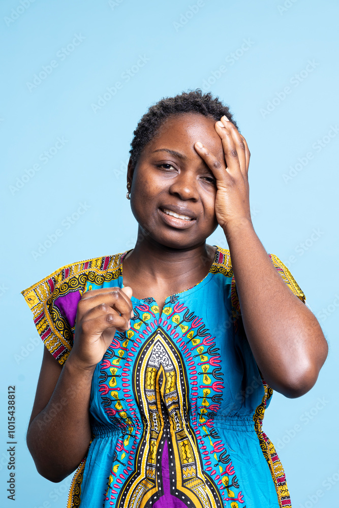 Sick female model dealing with painful migraine and flu symptoms ...