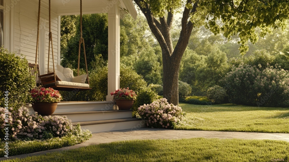 An empty front yard scene with a swing on the porch, a neat lawn, and ...