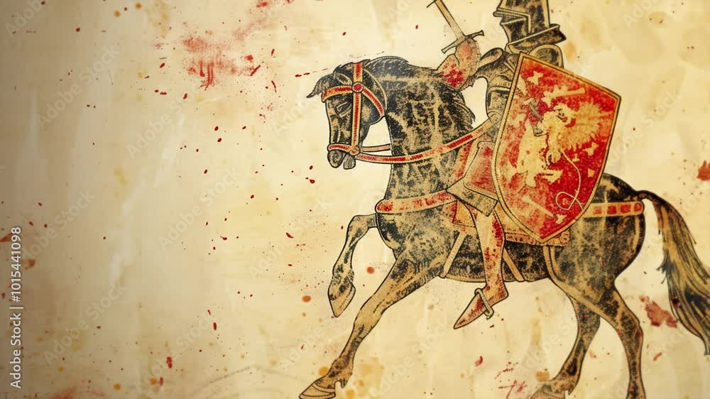 Medieval knight riding a black horse with armor, heraldic shield, and ...