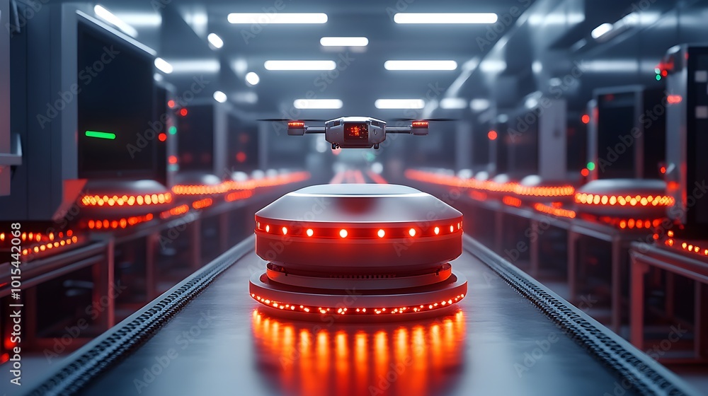 Industrial food production line, drones hovering above products, laser ...