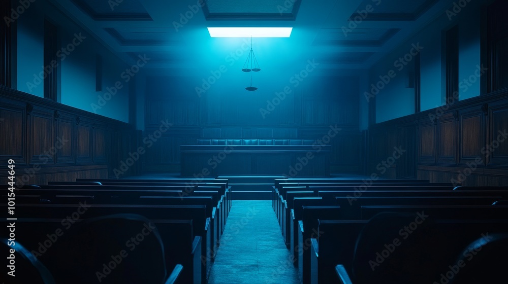 Empty jury box with a holographic scale of justice floating above the ...