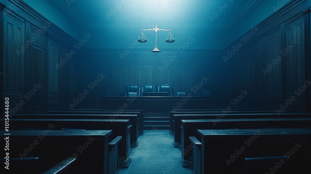 Empty jury box with a holographic scale of justice floating above the ...