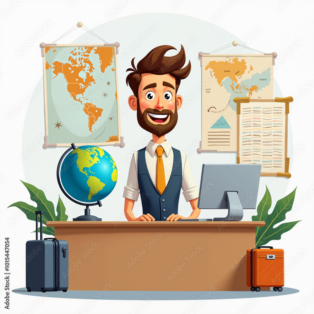 Cartoon illustration of a travel agent at his desk with maps, globe ...