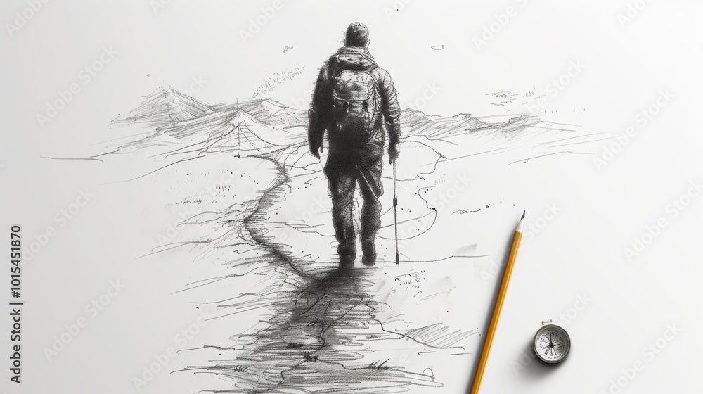 Pencil sketch of a hiker wearing a backpack and holding a walking stick ...