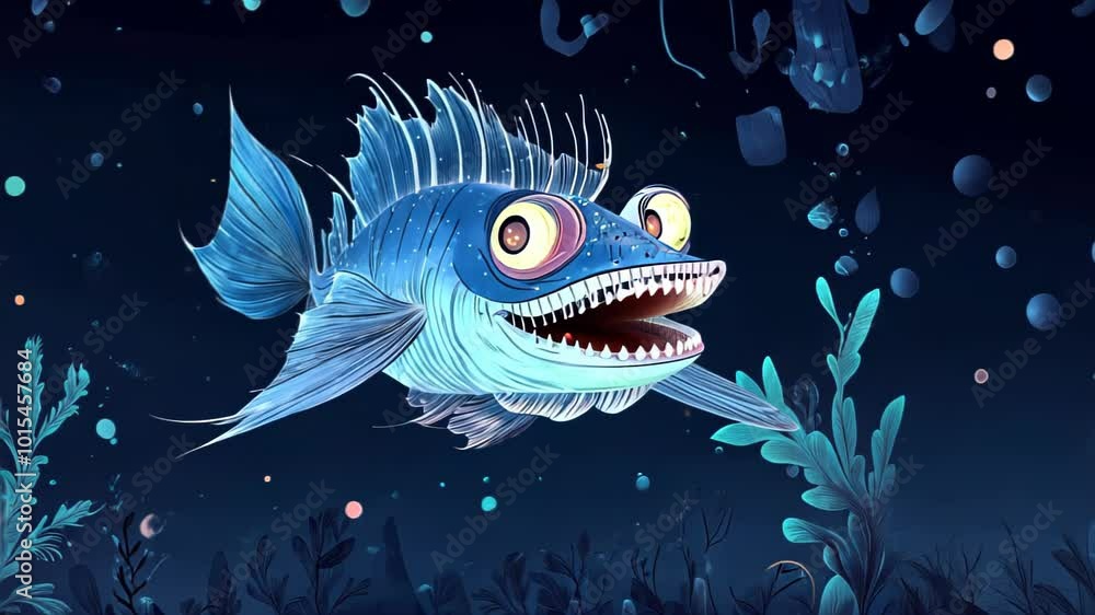 A vibrant, stylized fish with glowing features swimming in a dark ...