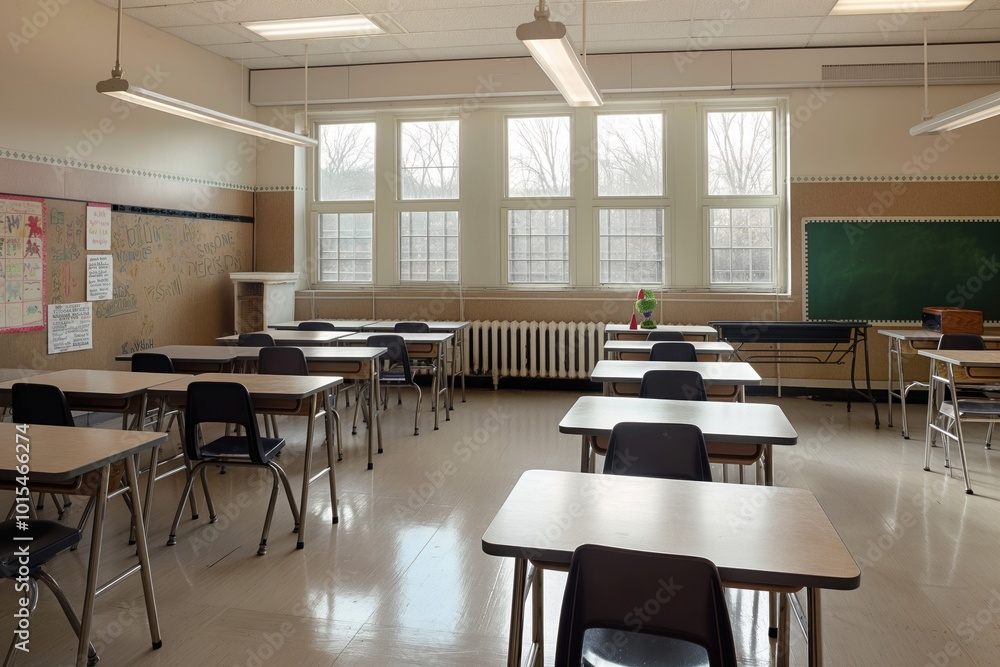 Elementary school classroom with beige color scheme. Rows of desks and ...