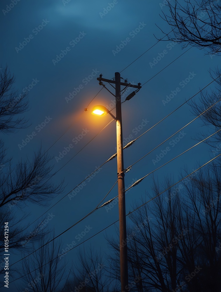 Utility pole at night, with a light on a street, standing tall and high ...