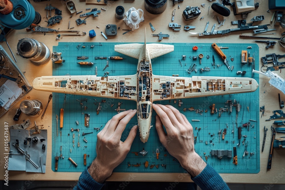 Person building model airplane. Image shows a detailed look at a model ...