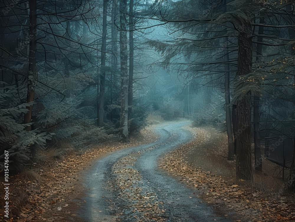 Foggy forest path leading into the unknown, mysterious and intriguing ...