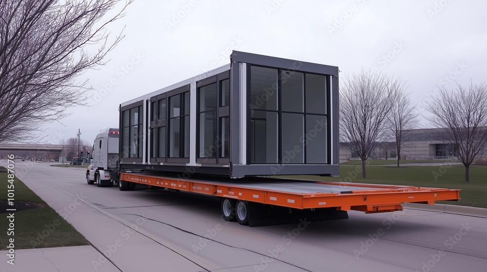 Finished modular building transported flatbed truck showing ...