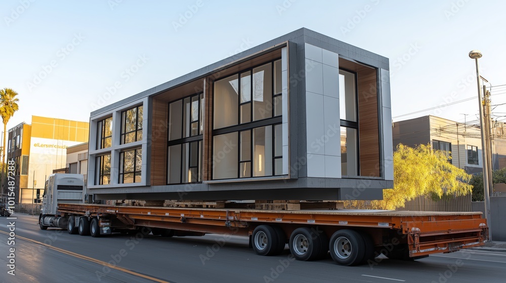 Finished modular building transported flatbed truck showing ...