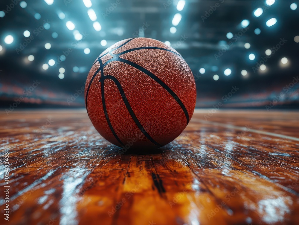 dynamic basketball court scene capturing a ball mid-motion under bright ...