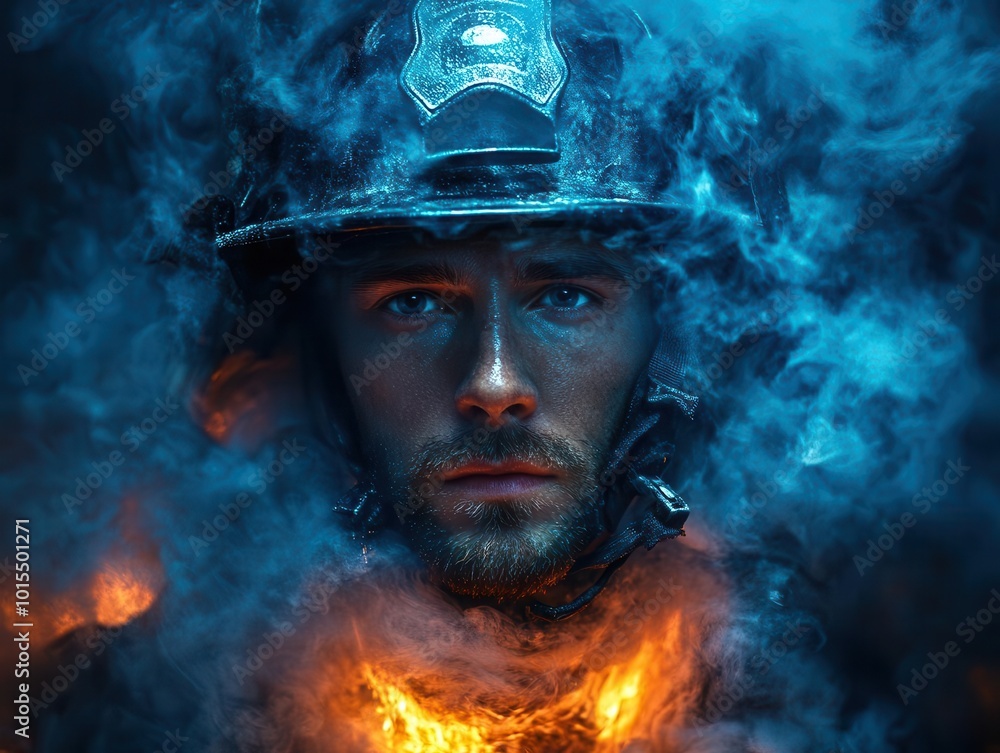 heroic firefighter donned in full gear, standing strong amidst swirling ...