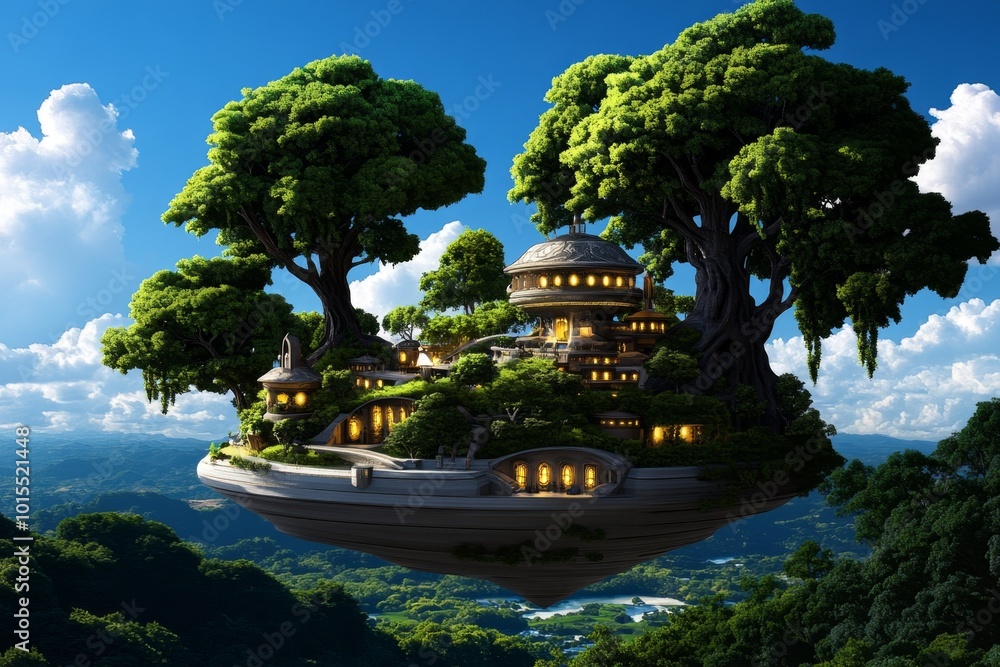 Fantasy depiction of a floating city powered by magical energy ...
