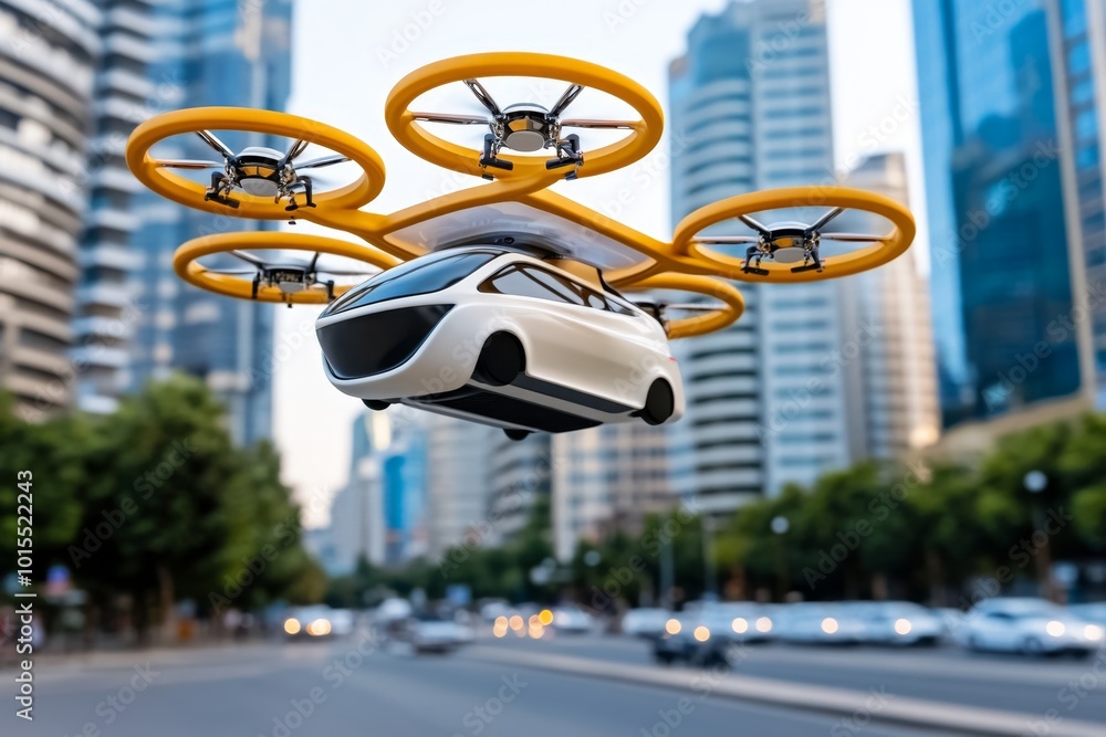 Futuristic city with flying cars and drones zipping through the air ...
