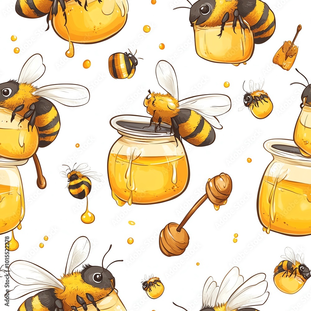 Cartoon bees with honey jars Stock Illustration | Adobe Stock