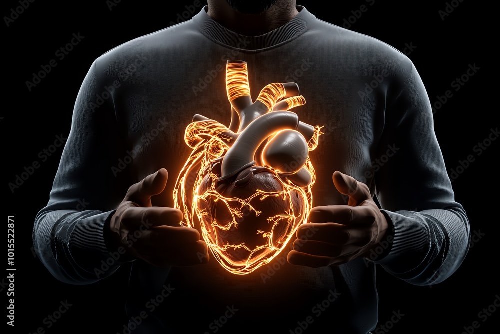 3D model of the human heart pumping blood, with glowing arteries and ...