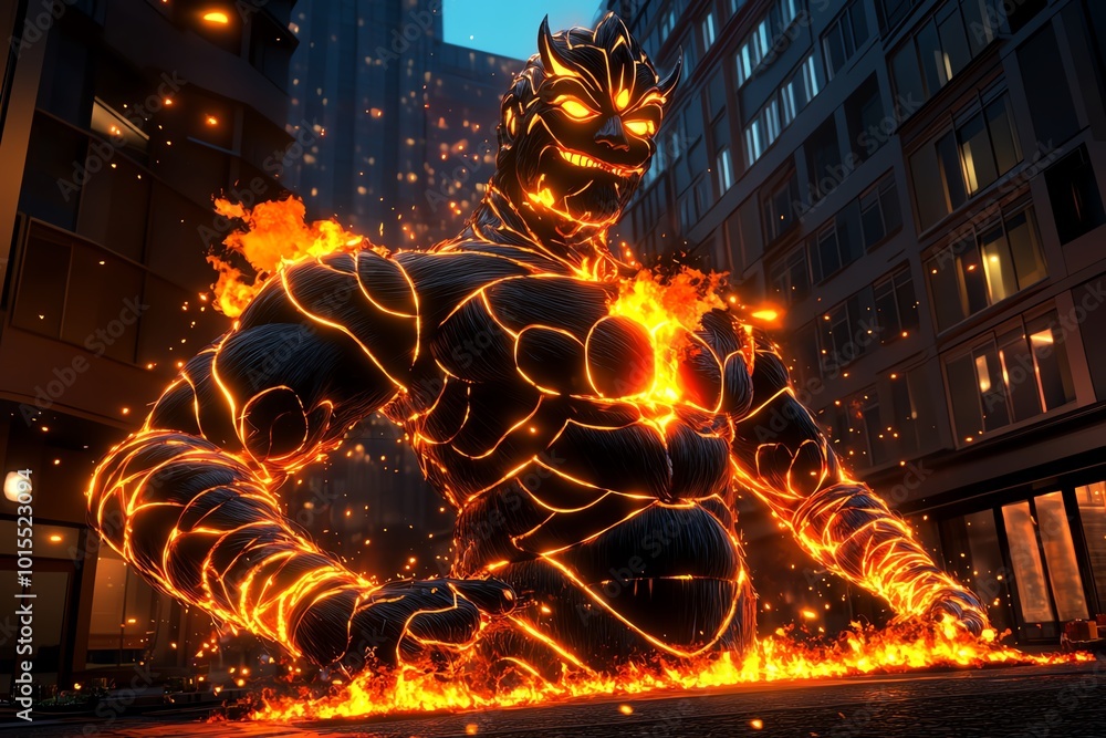 3D-rendered Ravana effigy burning in a modern festival setting, with ...