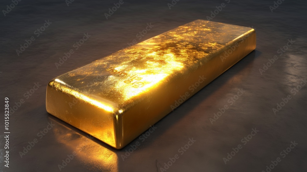 A high-quality 3D rendering showcasing a shiny gold bar lying on a reflective surface. The rich ...