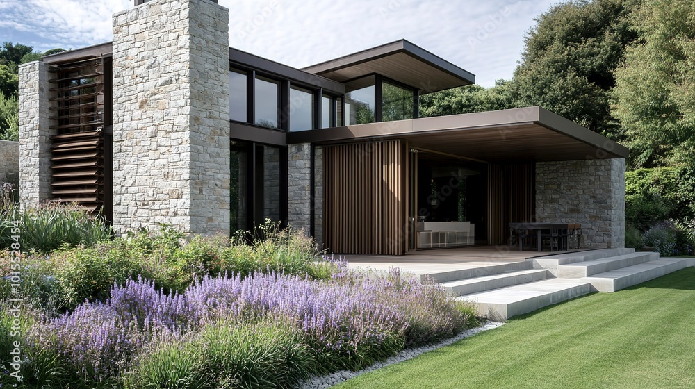 A modern house in New Zealand, with large stone walls and steel ...