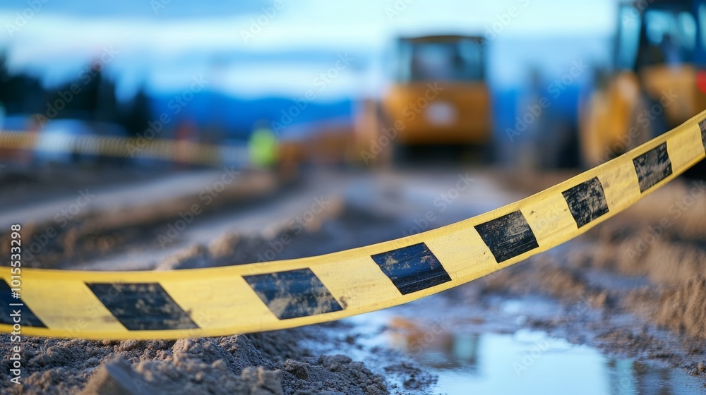 Construction caution tape barriers marking a road work zone with ...