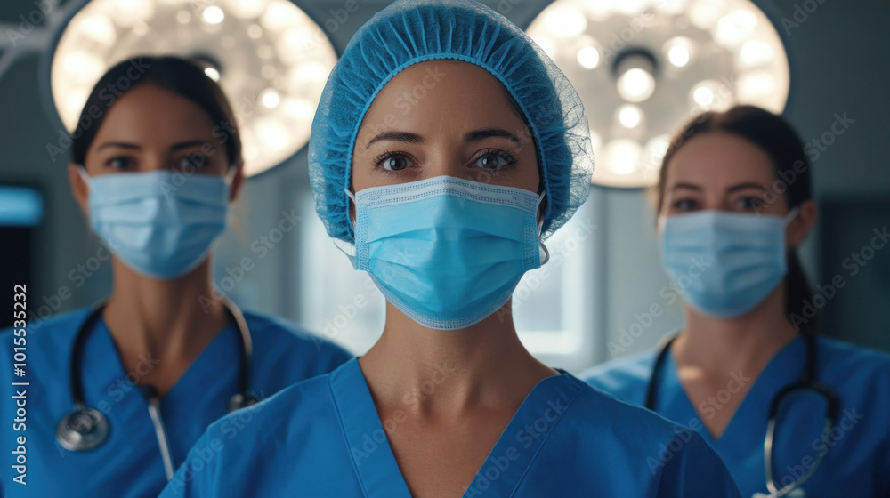 Group of surgeons wearing masks, performing surgery in a well-lit ...
