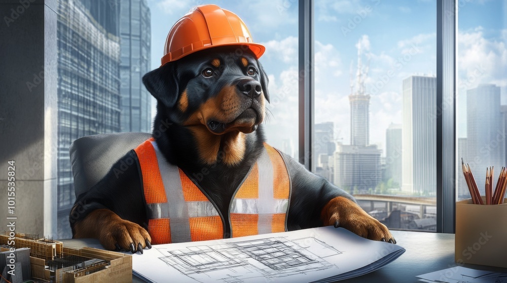 A Rottweiler, wearing a construction hat and safety vest, sits at a ...