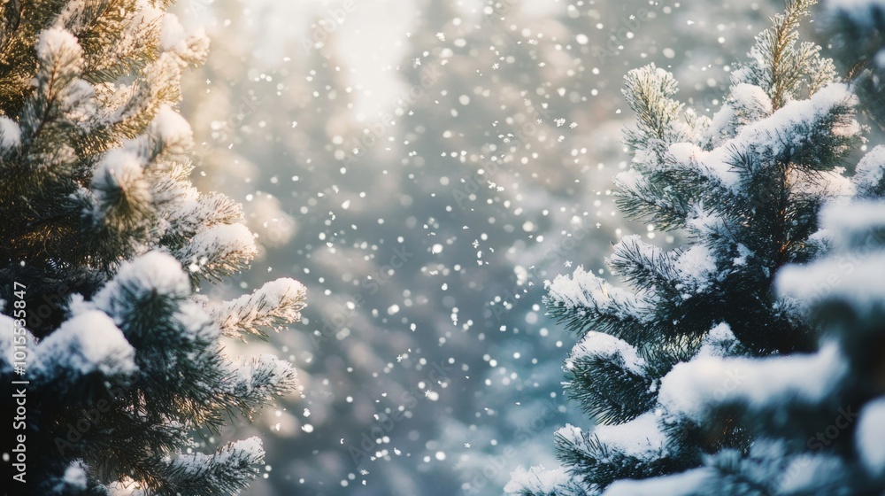 Snow-covered pine trees glisten in winter, with beautiful sunlight ...