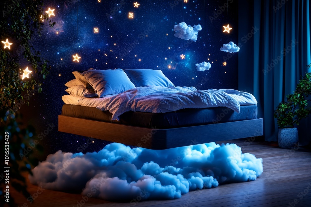 Fantasy artwork of a bed that floats through the stars, symbolizing ...