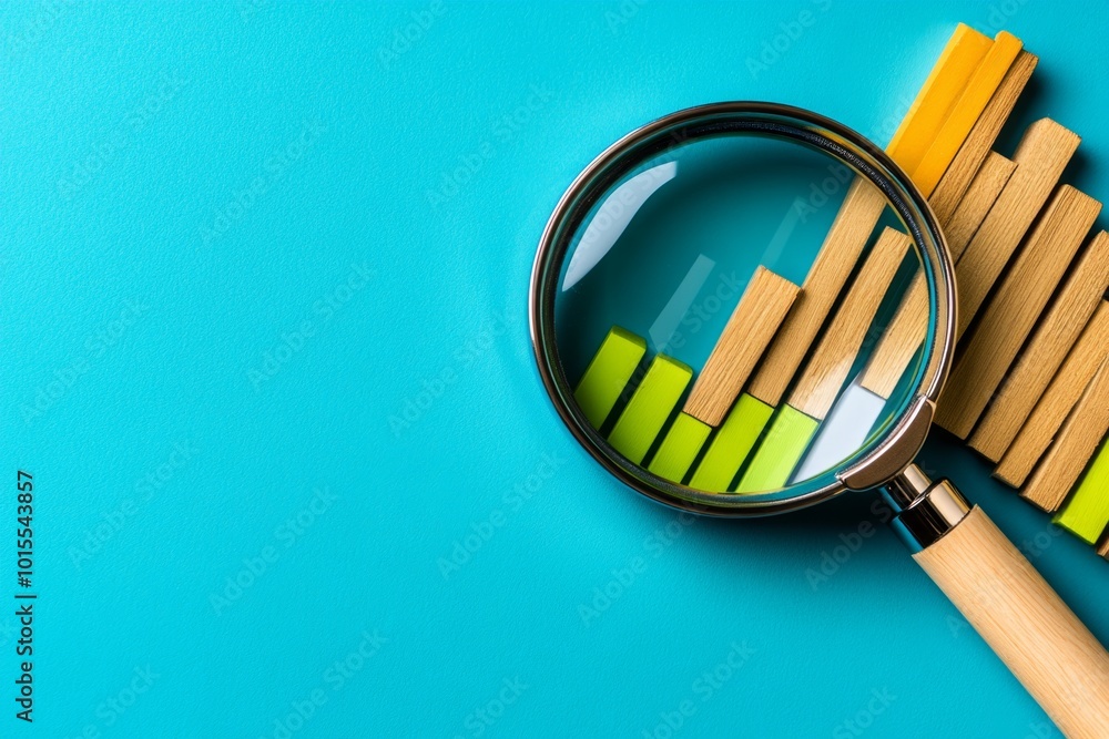 Minimalist depiction of a magnifying glass over a bar chart ...