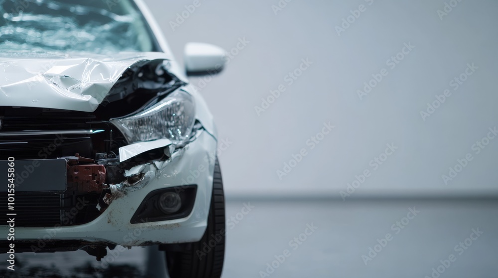 A compact vehicle's front end shows severe damage from a crash ...